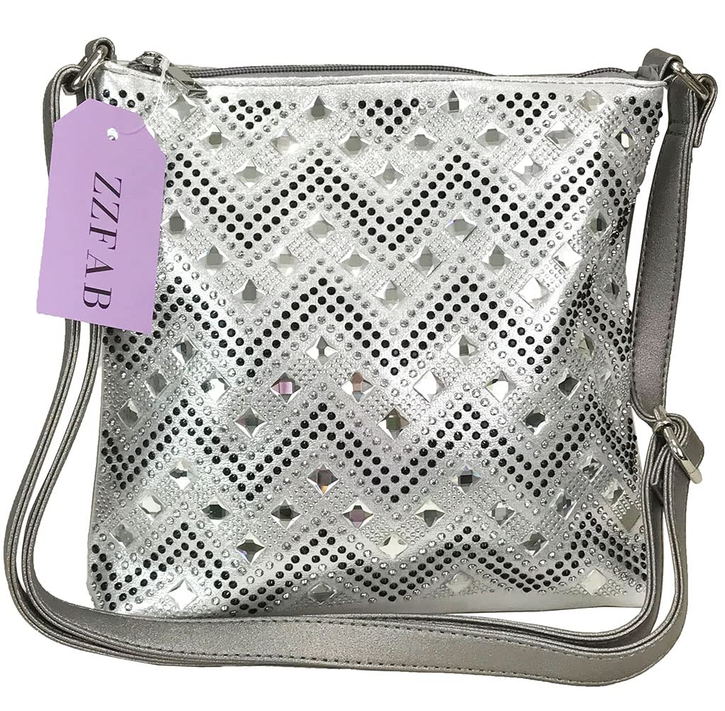 Zzfab Gem Stone Cheron Zigzag Sparkle Cross Body bag Bling Purses Silver (Pewter)