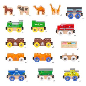 Orbrium Toys 12 (18 Pcs) Wooden Engines & Train Cars Collection with Animals, Farm Safari Zoo Wooden Animal Train Cars, Circus Wooden Train Compatible with Thomas, Brio, Chuggington