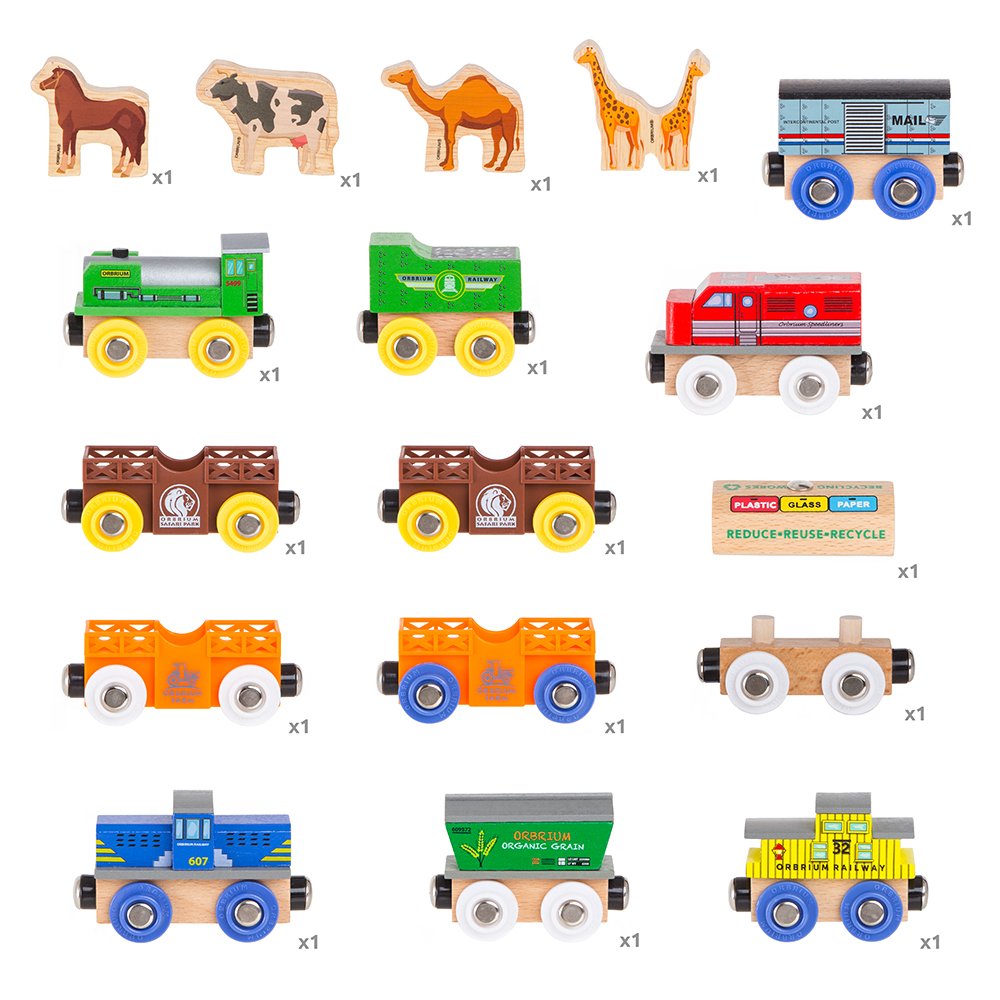 Orbrium Toys 12 (18 Pcs) Wooden Engines & Train Cars Collection with Animals, Farm Safari Zoo Wooden Animal Train Cars, Circus Wooden Train Compatible with Thomas, Brio, Chuggington