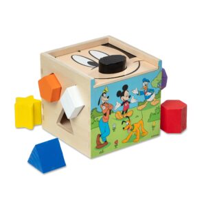 melissa & doug disney mickey mouse & friends wooden shape sorting cube - mickey mouse toys, classic wooden toys for babies and toddlers ages 2+