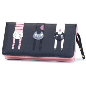 valentoria® birthday gifts for women's mini faux leather bifold 3 cat design clutch wallet (long black)