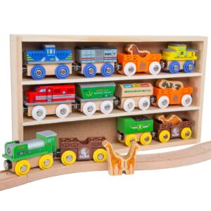 orbrium toys 12 (18 pcs) wooden engines & train cars collection with animals, farm safari zoo wooden animal train cars, circus wooden train compatible with thomas, brio, chuggington