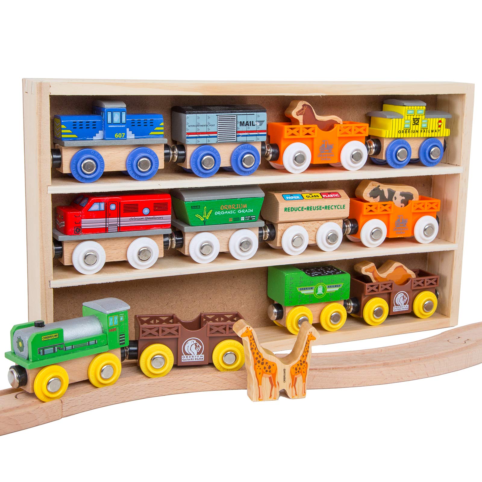 Orbrium Toys 12 (18 Pcs) Wooden Engines & Train Cars Collection with Animals, Farm Safari Zoo Wooden Animal Train Cars, Circus Wooden Train Compatible with Thomas, Brio, Chuggington