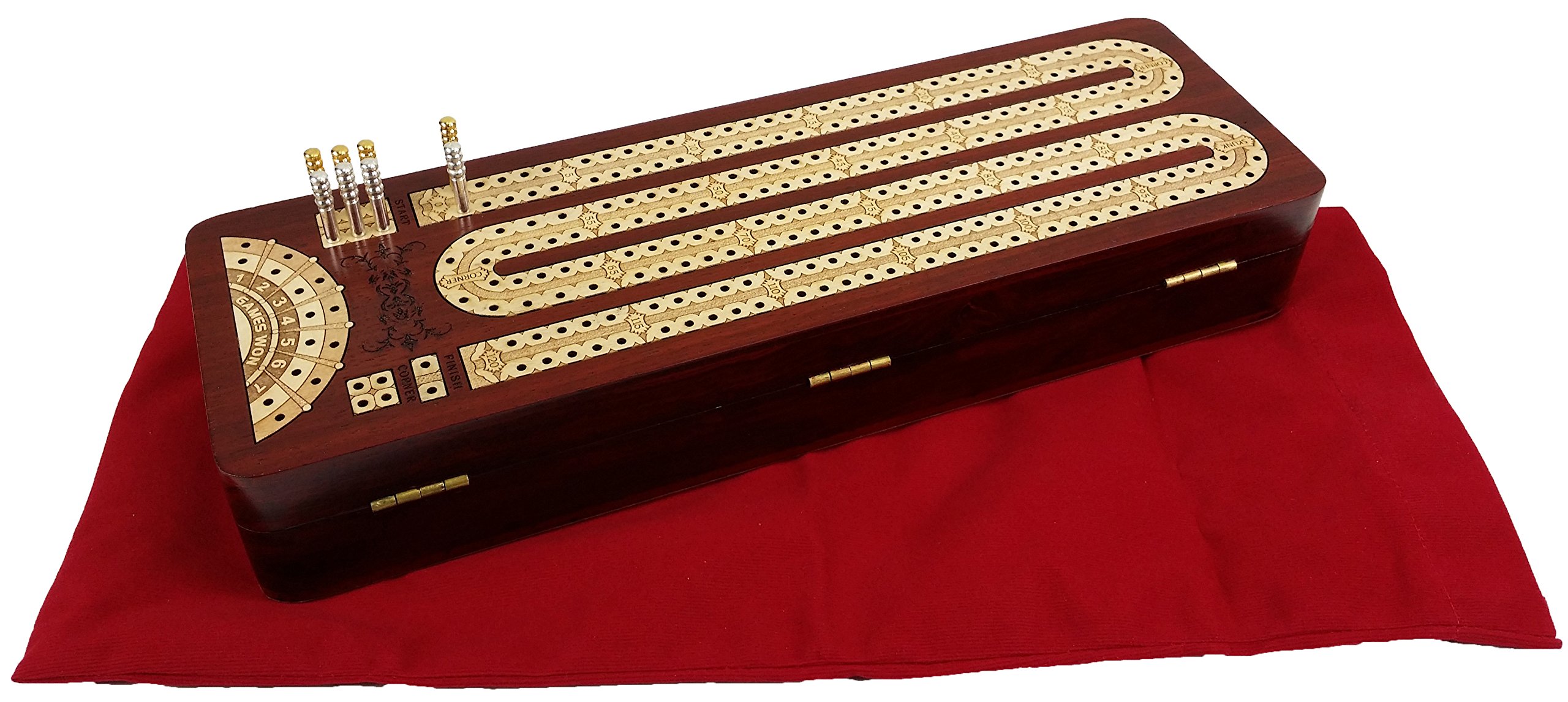 12 1/2" 2 Track Continuous Cribbage Board W/Card Storage Maple Tracks on Bloodwood Corner & Games Won