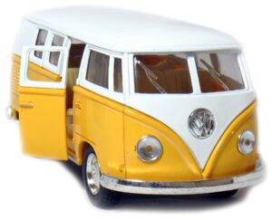 kinsmart 5in die-cast 1962 vw classic bus 1/32 scale (yellow), pull back n go action. for unisex