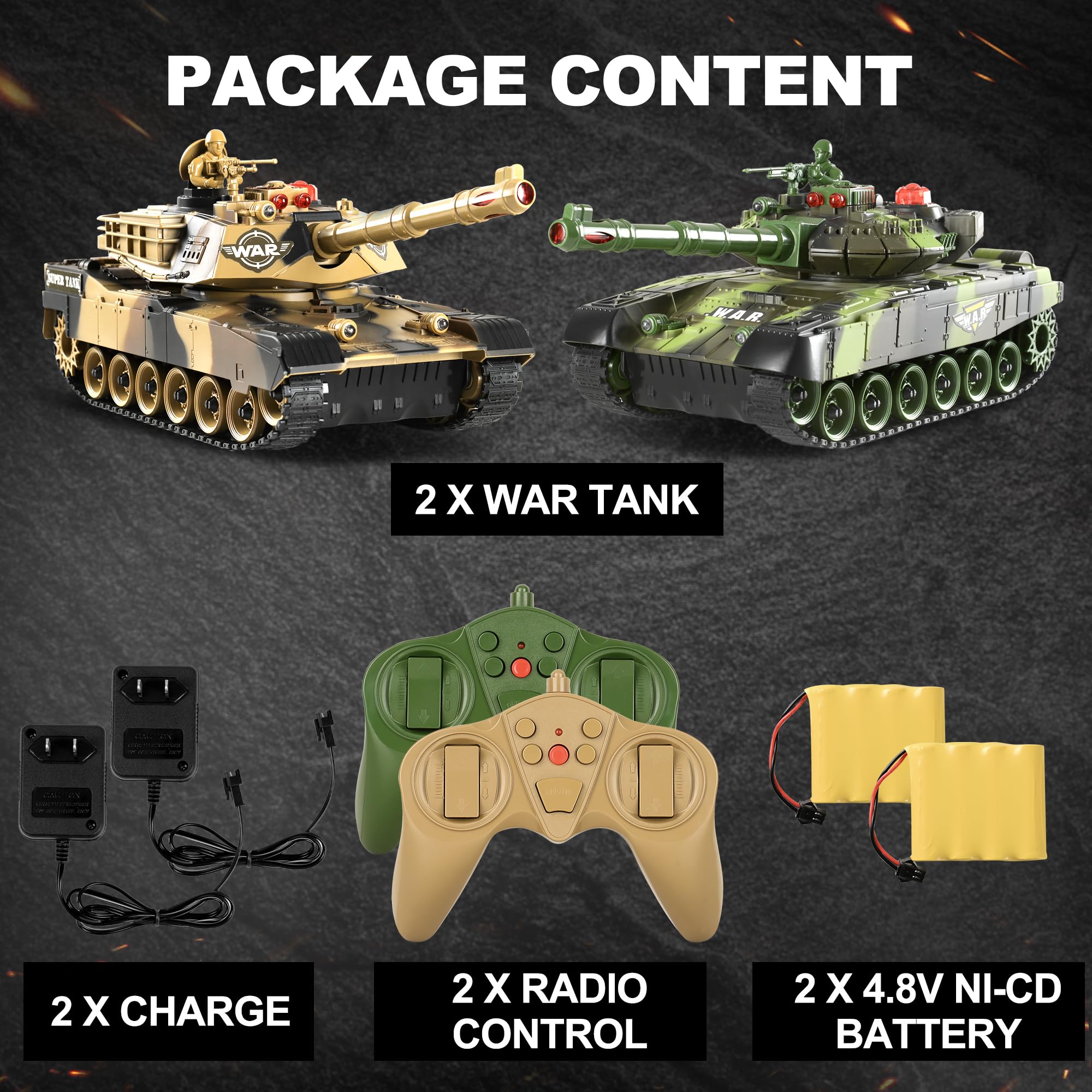 Haktoys RC Battle Tank Set 1:24 Scale Remote Control Fighting Tanks, Radio Control Military Toys for Kids and Adults - Realistic Sounds, Lights and Life Indicators