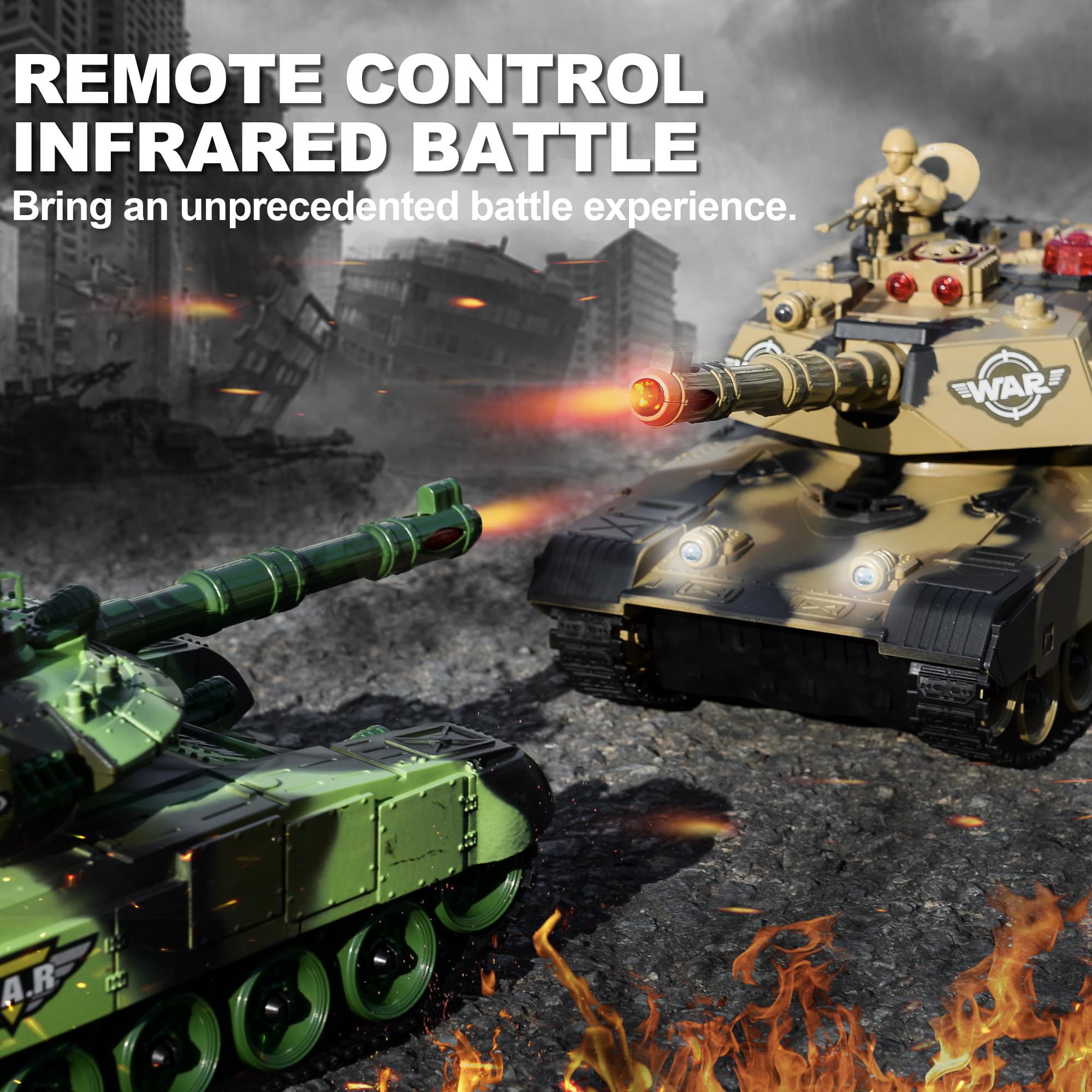 Haktoys RC Battle Tank Set 1:24 Scale Remote Control Fighting Tanks, Radio Control Military Toys for Kids and Adults - Realistic Sounds, Lights and Life Indicators