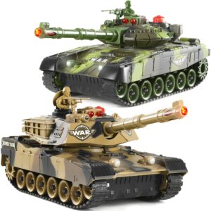 haktoys rc battle tank set 1:24 scale remote control fighting tanks, radio control military toys for kids and adults - realistic sounds, lights and life indicators