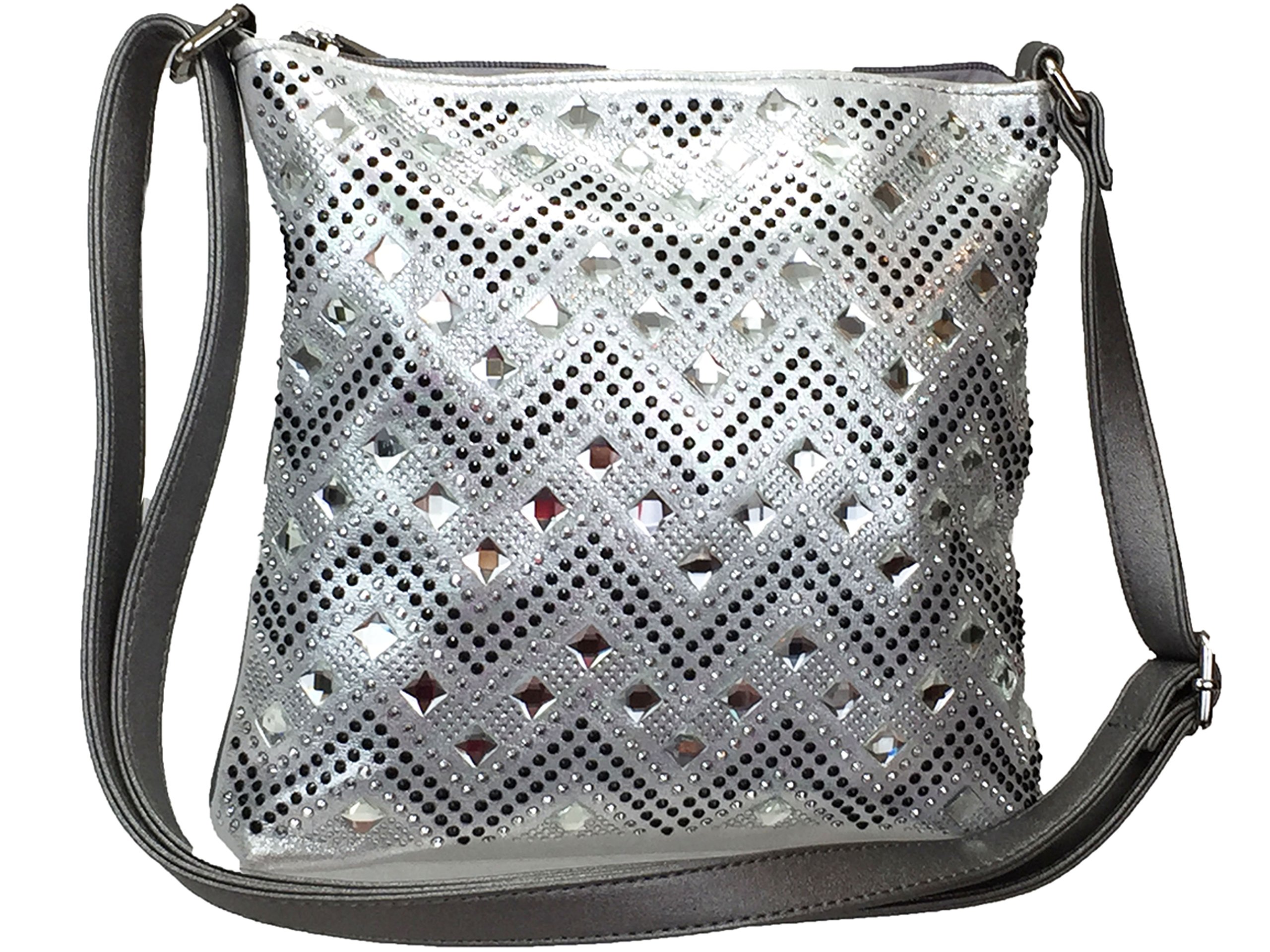 Zzfab Gem Stone Cheron Zigzag Sparkle Cross Body bag Bling Purses Silver (Pewter)