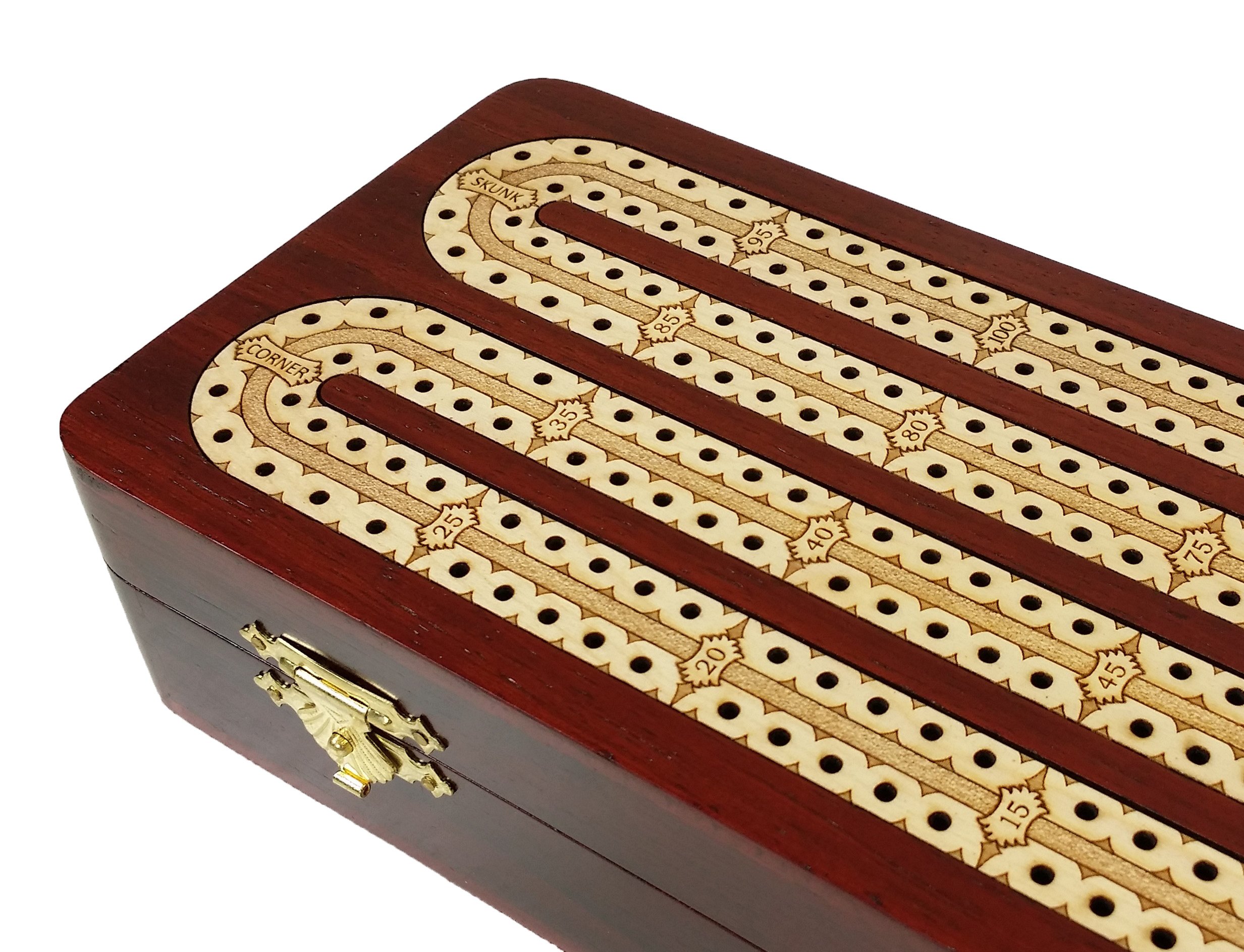 12 1/2" 2 Track Continuous Cribbage Board W/Card Storage Maple Tracks on Bloodwood Corner & Games Won