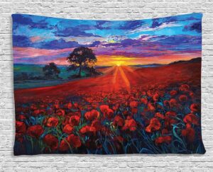 ambesonne country tapestry, clouds at sunset paint scenery of poppy flower garden on valley with horizon, wide wall hanging for bedroom living room dorm, 60" x 40", burgundy deep sky blue