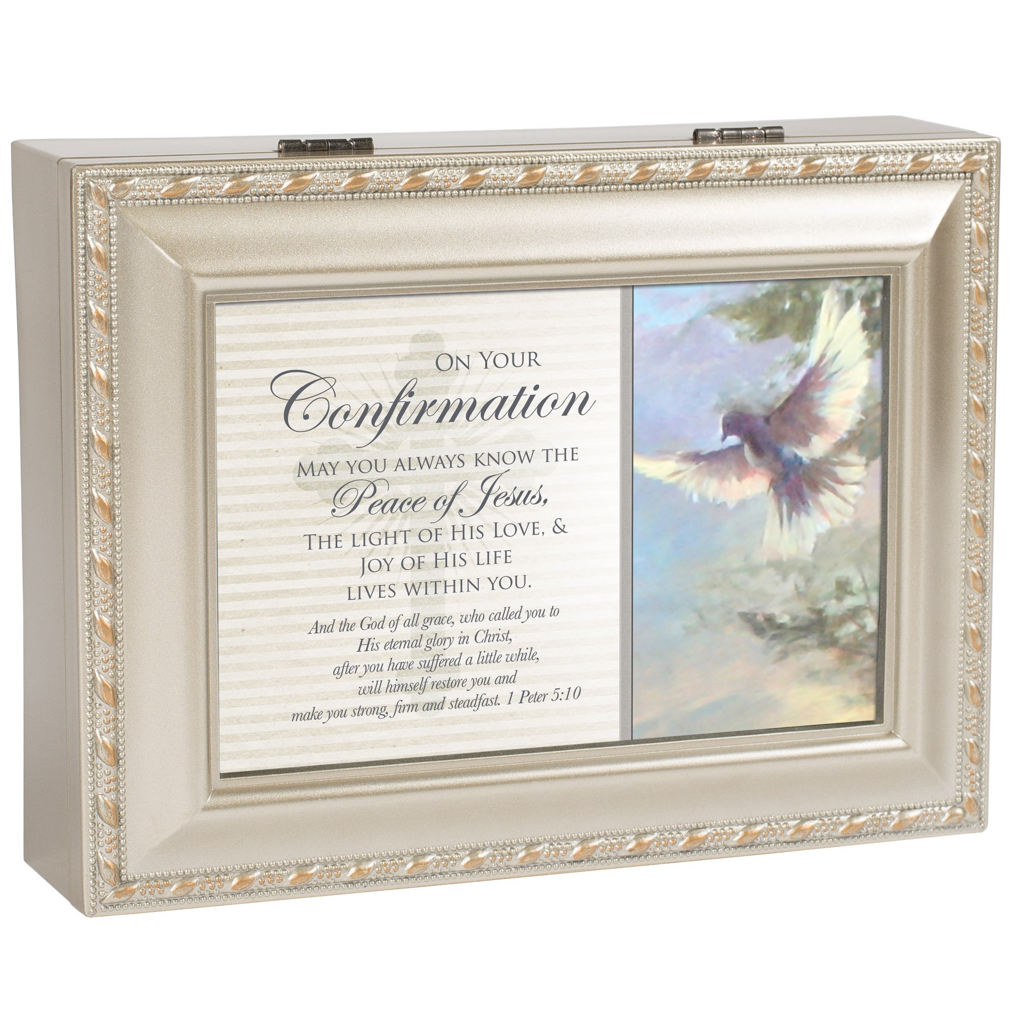 Cottage Garden Confirmation May You Know Peace Silvertone Rope Trim Jewelry Music Box Plays Amazing Grace