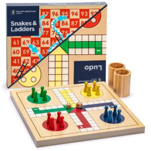 yellow mountain imports 2-in-1 reversible wooden snakes and ladders, ludo game set - 11.3 inches