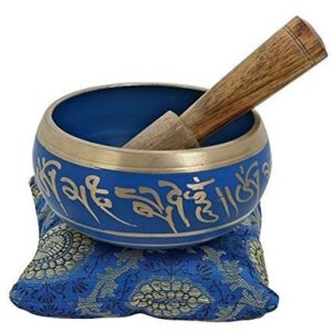 indian glance relaxing yoga meditation buddhist tibetan singing bowl set blue with mallet | cushion | pillow