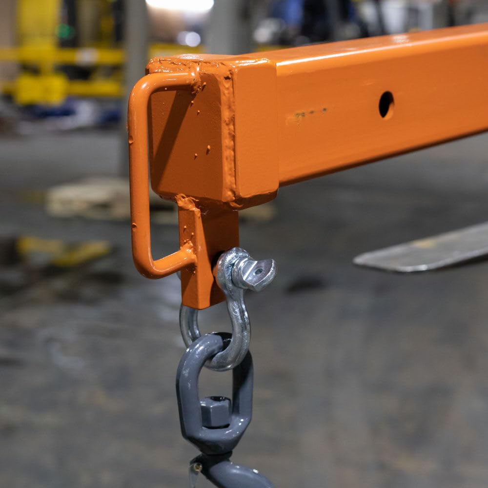 Titan Attachments Fork Mounted Telescoping Crane Jib Boom, Manual Telescopes 31-79in, 5500lb Lift Capacity, Two Swivel Hooks, Ideal for Warehouse or Factories