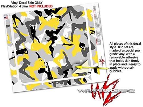 Vinyl Decal Skin Wrap compatible with Sony PlayStation 4 Slim Console Sexy Girl Silhouette Camo Yellow (PS4 NOT INCLUDED)