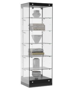 displays2go display show case with led lighting, glass shelves, locking door, mdf top & base – clear & black (gtap24ledb)