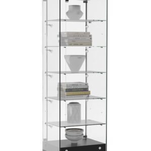 Displays2go Display Show Case with LED Lighting, Glass Shelves, Locking Door, MDF Top & Base – Clear & Black (GTAP24LEDB)