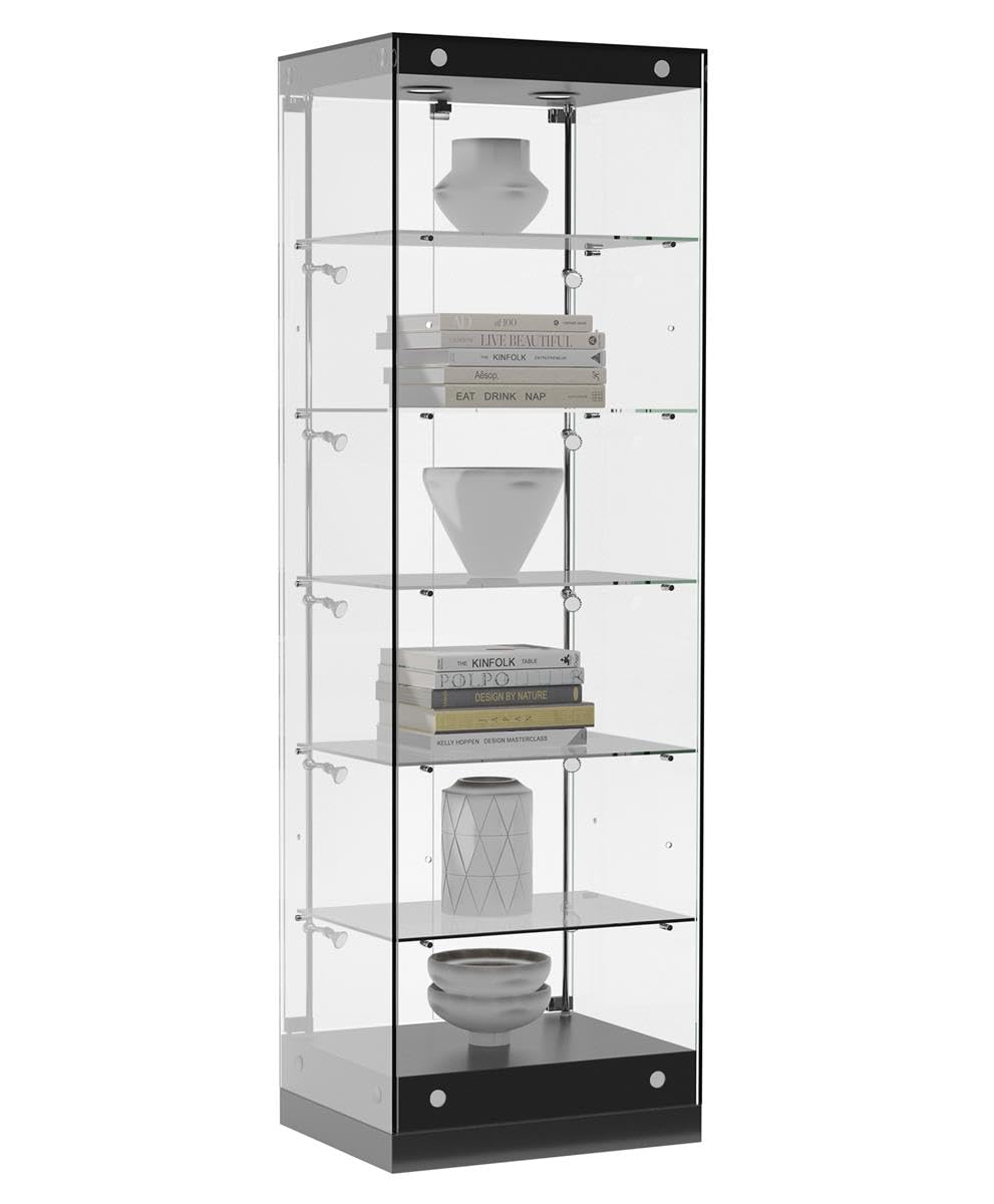 Displays2go Display Show Case with LED Lighting, Glass Shelves, Locking Door, MDF Top & Base – Clear & Black (GTAP24LEDB)