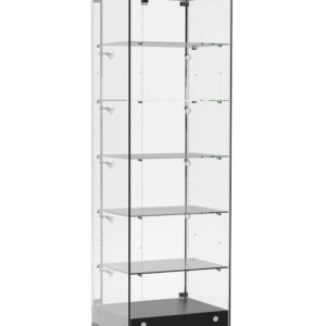 Displays2go Display Show Case with LED Lighting, Glass Shelves, Locking Door, MDF Top & Base – Clear & Black (GTAP24LEDB)