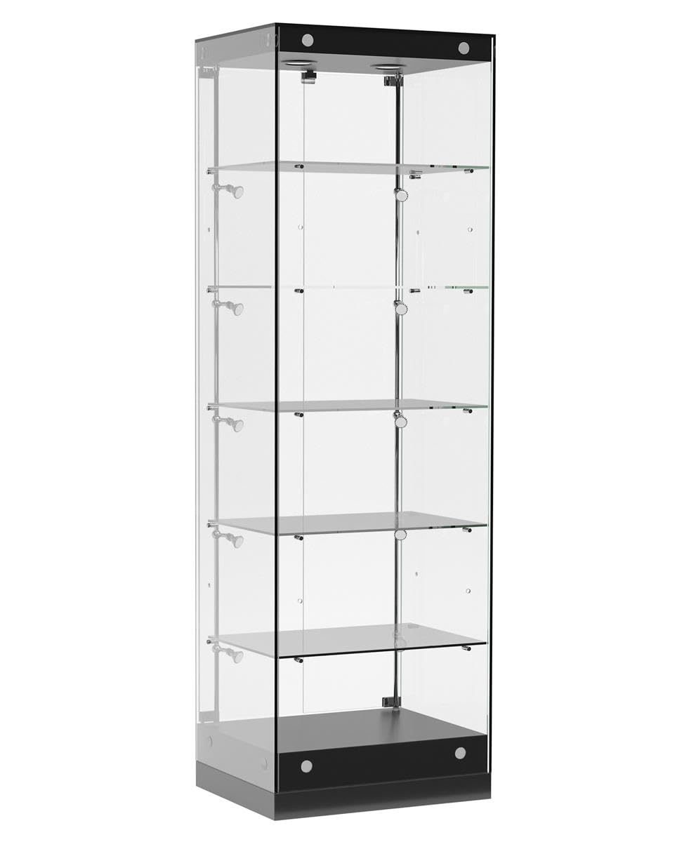 Displays2go Display Show Case with LED Lighting, Glass Shelves, Locking Door, MDF Top & Base – Clear & Black (GTAP24LEDB)