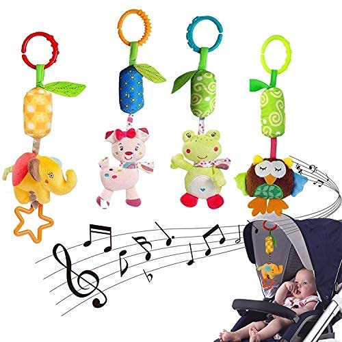 4 Packs Baby Stroller Toys Car Seat Hanging Bell for Boys Girls,Adorable Animal Infant Play Music Crib Toy Carseat Rattles Educational Toys,Kids Hand Bell Puppet with Cute Wind Chime and Squeak