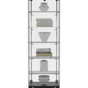 Displays2go Display Show Case with LED Lighting, Glass Shelves, Locking Door, MDF Top & Base – Clear & Black (GTAP24LEDB)