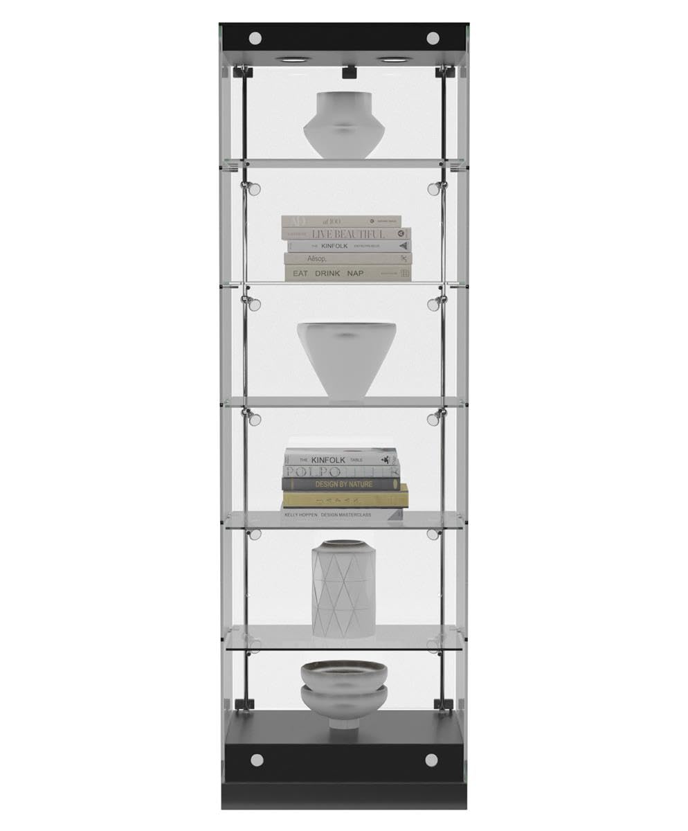 Displays2go Display Show Case with LED Lighting, Glass Shelves, Locking Door, MDF Top & Base – Clear & Black (GTAP24LEDB)