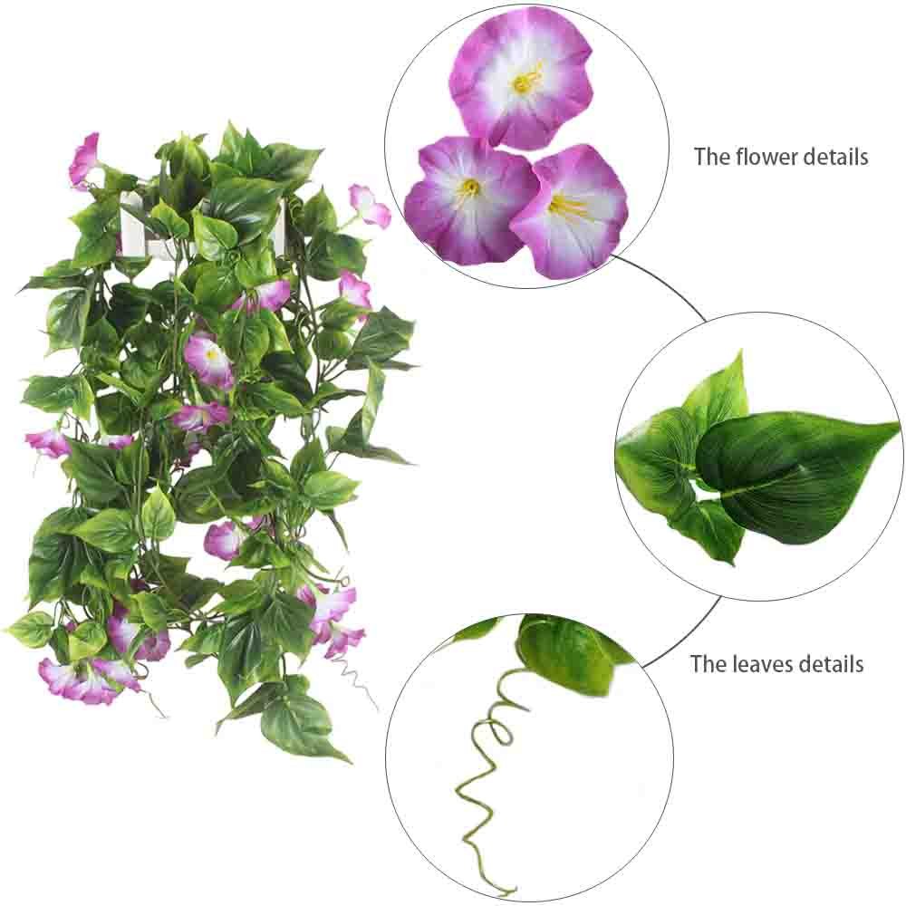 GTIDEA Artificial Vines, 2pcs 15Feet Morning Glory Hanging Plants Silk Garland Fake Green Plant Home Garden Wall Fence Stairway Outdoor Wedding Hanging Baskets Decor Purple