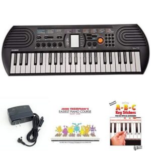 casio sa77 44 keys 100 tones keyboard bundle with casio power supply, john thompson's easiest piano course and abc keyboard stickers