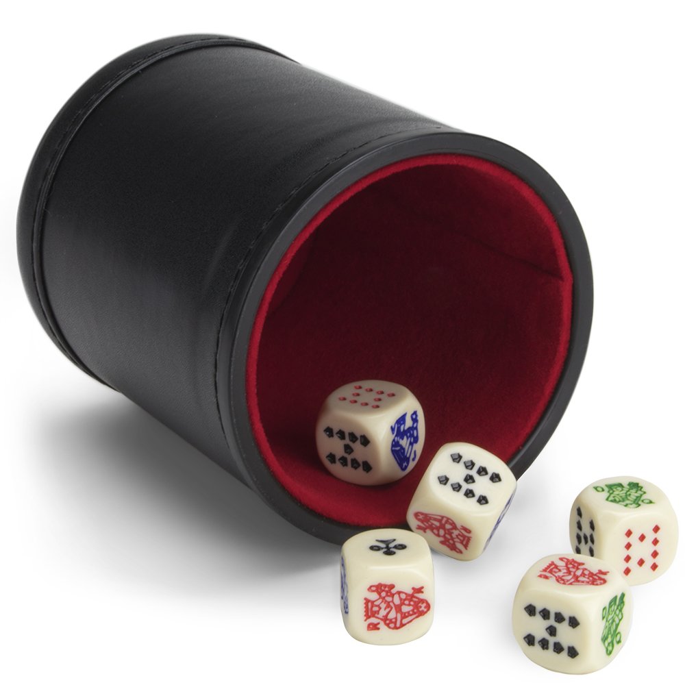 Set of 5 Poker Dice with Professional Bicast Leather Dice Cup, Great for Travel by Brybelly