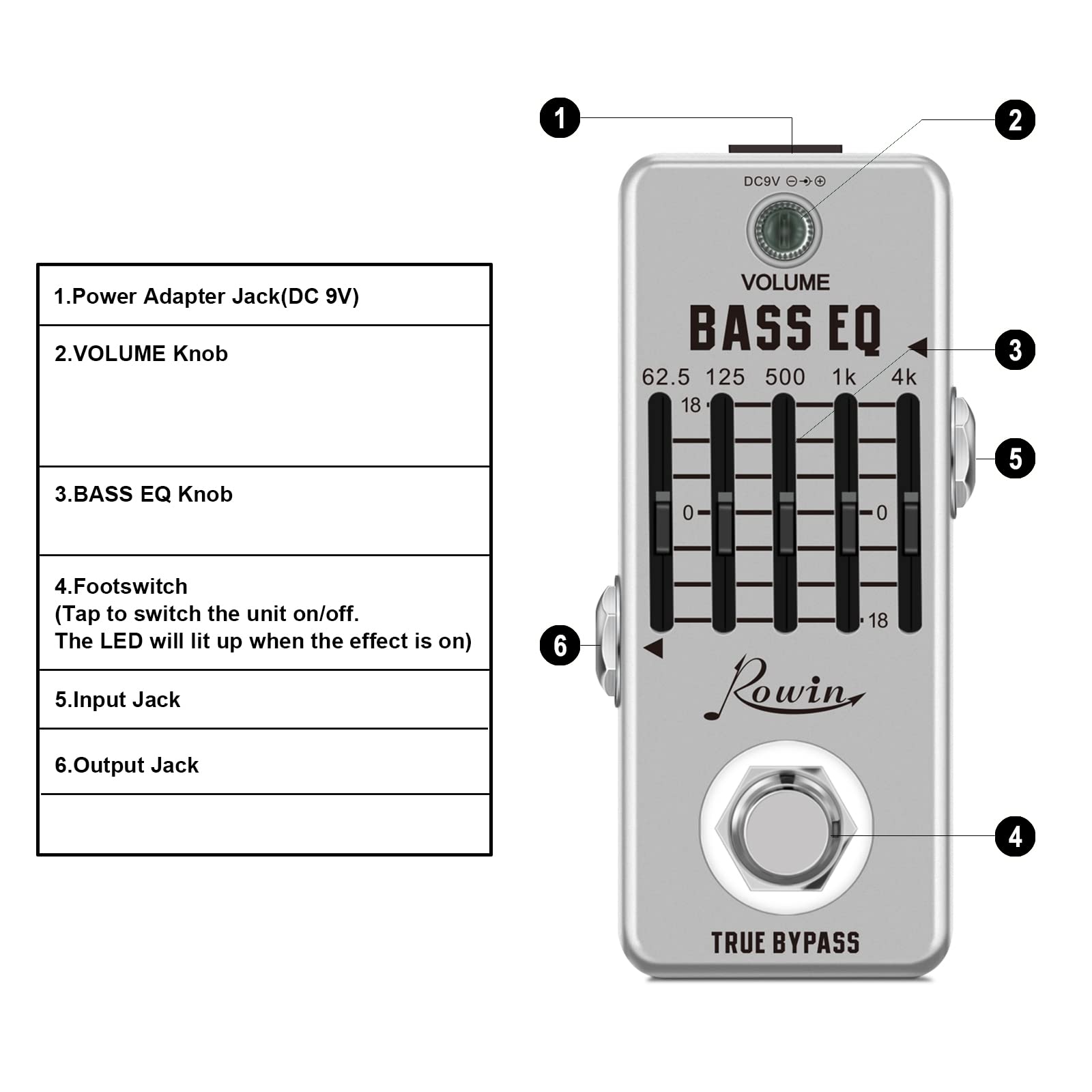 Rowin Bass Equalize Pedal 5 Band for Bass with True Bypass