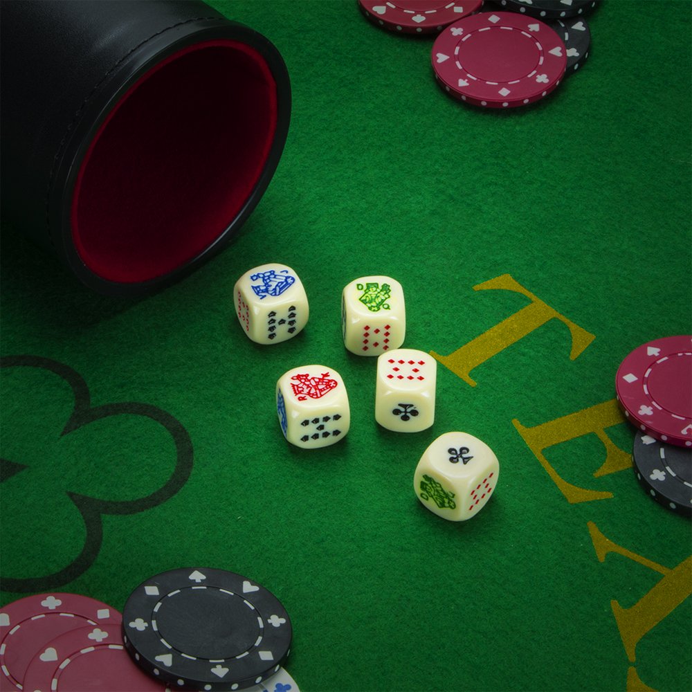 Set of 5 Poker Dice with Professional Bicast Leather Dice Cup, Great for Travel by Brybelly