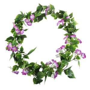 GTIDEA Artificial Vines, 2pcs 15Feet Morning Glory Hanging Plants Silk Garland Fake Green Plant Home Garden Wall Fence Stairway Outdoor Wedding Hanging Baskets Decor Purple