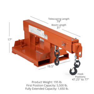 Titan Attachments Fork Mounted Telescoping Crane Jib Boom, Manual Telescopes 31-79in, 5500lb Lift Capacity, Two Swivel Hooks, Ideal for Warehouse or Factories