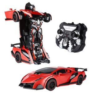 sainsmart jr. remote control car, transform robot rc cars for kids toys, 1:14 scale car with one-button deformation, 360°drifting, and realistic engine sound, gifts for boys girls aged 8+, red