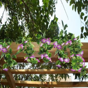 GTIDEA Artificial Vines, 2pcs 15Feet Morning Glory Hanging Plants Silk Garland Fake Green Plant Home Garden Wall Fence Stairway Outdoor Wedding Hanging Baskets Decor Purple