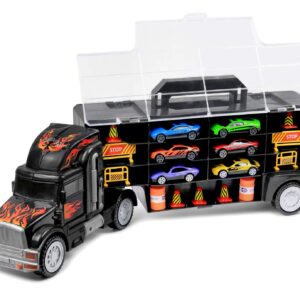 Click N' Play Truck Transport Carrier Toy for Boys and Girls, 15 Piece Hauler Truck with Cars, Road Signs, & More, Includes 28 Car Slots - Great Gift For Toddlers & Kids Age 3+, Black