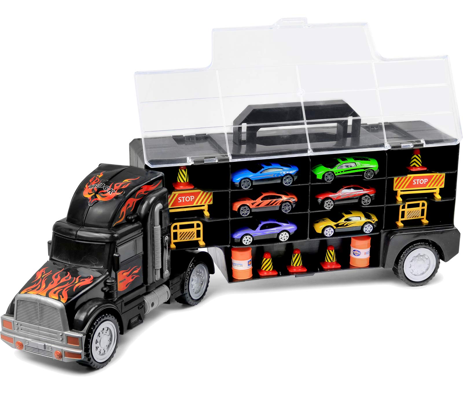 Click N' Play Truck Transport Carrier Toy for Boys and Girls, 15 Piece Hauler Truck with Cars, Road Signs, & More, Includes 28 Car Slots - Great Gift For Toddlers & Kids Age 3+, Black