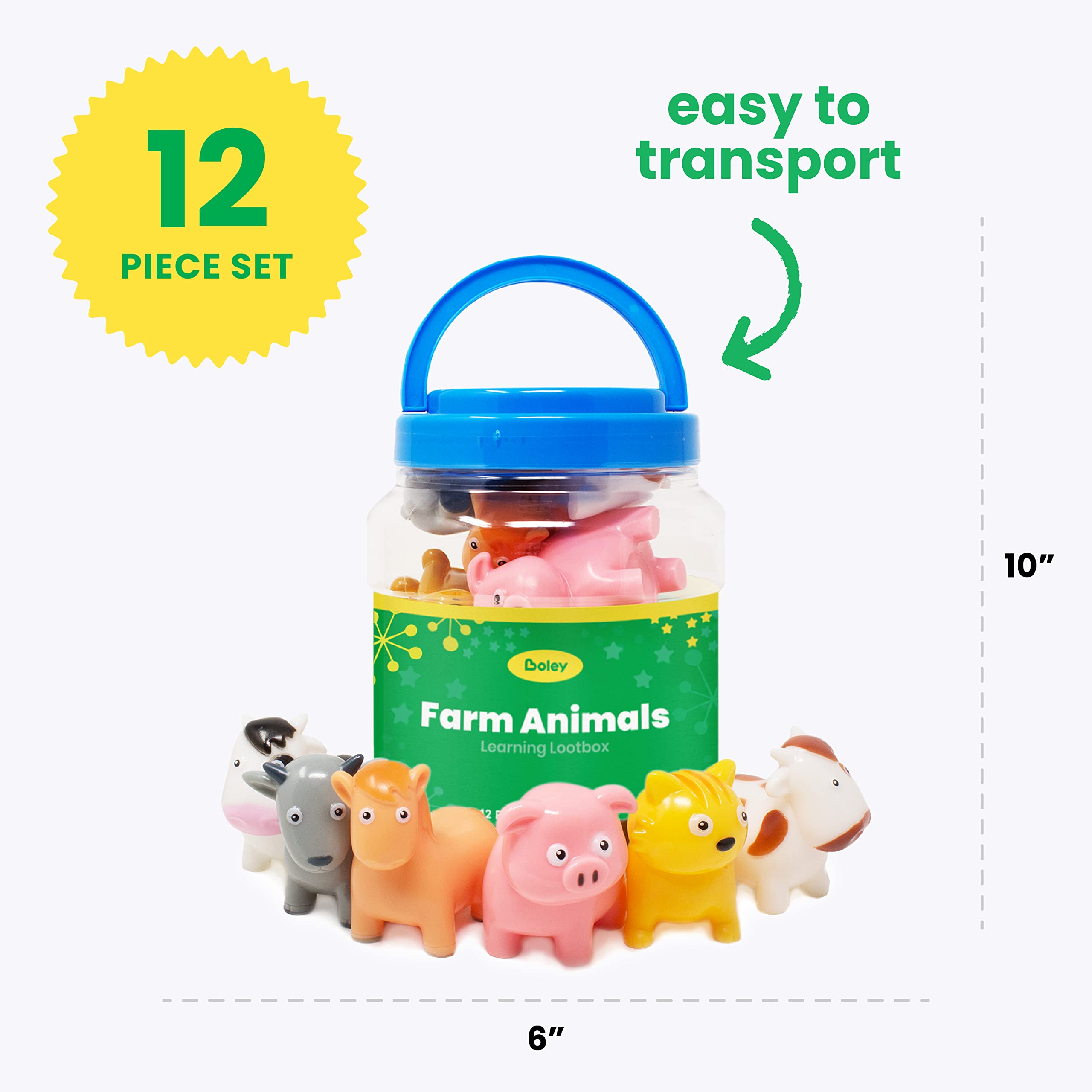 Boley Farm Animals Bath Toys Bucket - Includes 12 Colorful Fun Free Bathtub Toys & Pool Toys for Kids & Toddlers Ages 2 and Up!