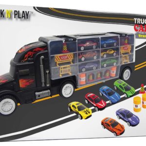 Click N' Play Truck Transport Carrier Toy for Boys and Girls, 15 Piece Hauler Truck with Cars, Road Signs, & More, Includes 28 Car Slots - Great Gift For Toddlers & Kids Age 3+, Black