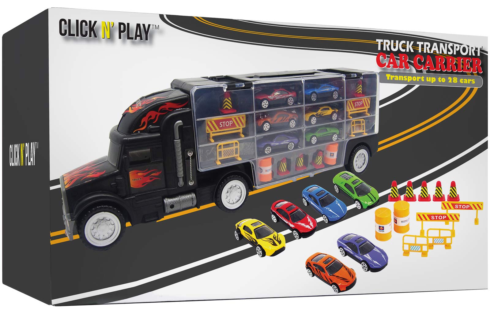 Click N' Play Truck Transport Carrier Toy for Boys and Girls, 15 Piece Hauler Truck with Cars, Road Signs, & More, Includes 28 Car Slots - Great Gift For Toddlers & Kids Age 3+, Black