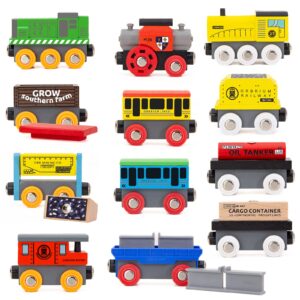 Orbrium 12 Wooden Train Cars Set with Wooden Storage Box with Box Cover Tunnel for 3,4,5,6,7 Years Old Compatible with Thomas & Friends Push-Along, Brio, IKEA, Imaginarium, Melissa and Doug