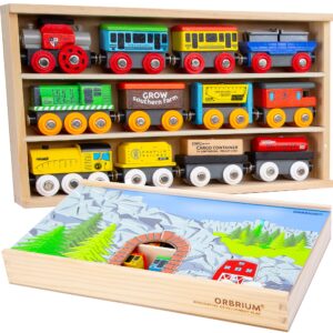 orbrium 12 wooden train cars set with wooden storage box with box cover tunnel for 3,4,5,6,7 years old compatible with thomas & friends push-along, brio, ikea, imaginarium, melissa and doug