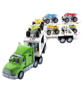 mozlly friction powered atv or monster truck hauler playset for boys and girls - toy car carrier truck toy, perfect atv or monster truck trailer set for pretend play or birthday gift - styles may vary