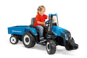 peg perego new holland t8 tractor & trailer 12 volt ride on, blue