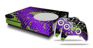 wraptorskinz decal vinyl skin wrap compatible with xbox one s console and controllers - halftone splatter green purple