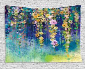 ambesonne watercolor flower tapestry, vines flowers in soft colors summer garden watercolor artwork, wide wall hanging for bedroom living room dorm, 60" x 40", mustard indigo