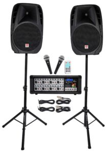 rockville rpg2x15 package pa system mixer/amp+15" speakers+stands+mics+bluetooth