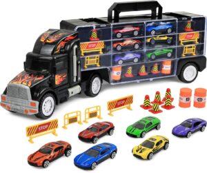 click n' play truck transport carrier toy for boys and girls, 15 piece hauler truck with cars, road signs, & more, includes 28 car slots - great gift for toddlers & kids age 3+, black